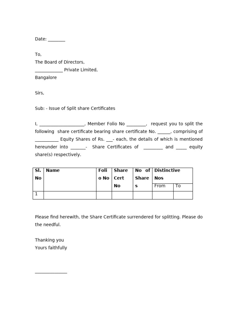 Request Letter For Issue of Split Share Certificates | PDF