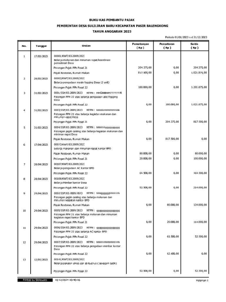 REKAP BUKU PEMBANTU PAJAK 2023 | PDF