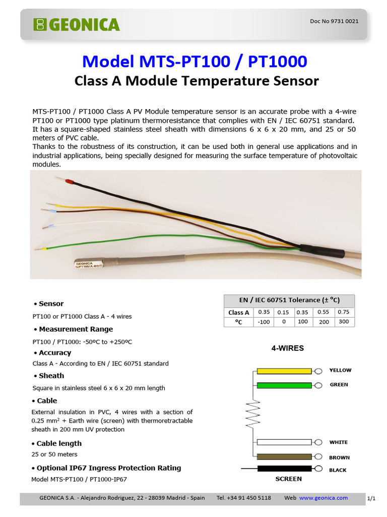 9731 0021 Model MTS-PT100 - PT1000 Class A Module Temperature Sensor | PDF