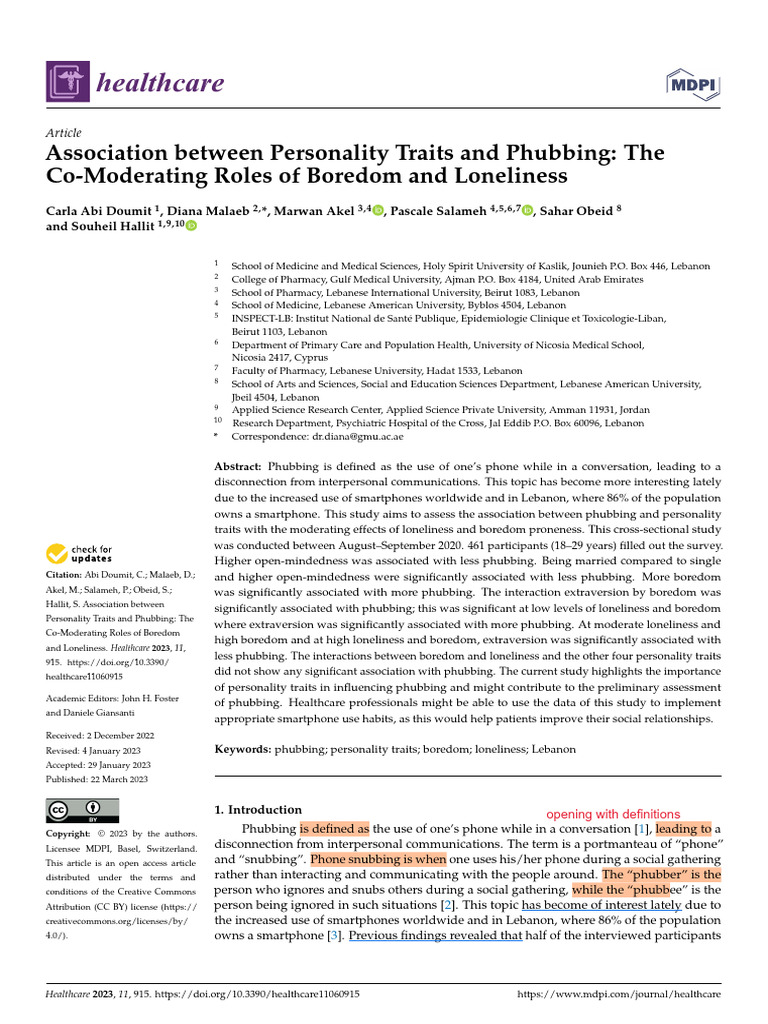 Reading 1 - Association Between Personality Traits and Phubbing | PDF | Extraversion And ...