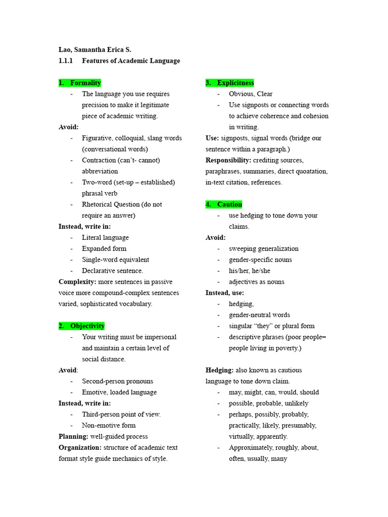 1.1.1 Features of Academic Language | PDF | Noun | Word