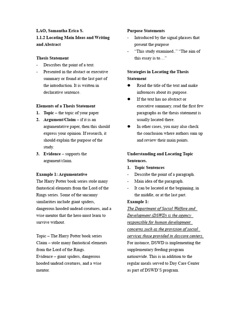 1.1.2 Locating Main Ideas and Writing and Abstract | PDF | Methodology ...