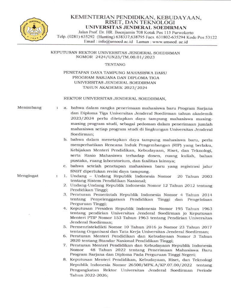 Daya Tampung Program Sarjana S1 Dan Diploma Tiga Tahun 2023-2024 | PDF