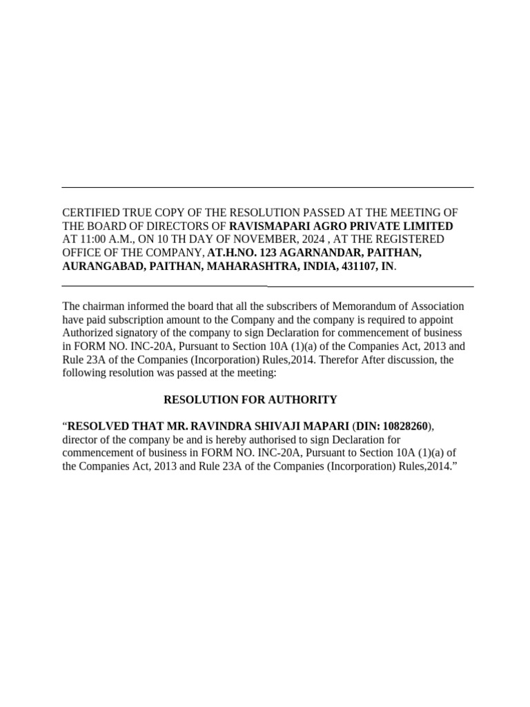 Board Resolution for Business Start | PDF