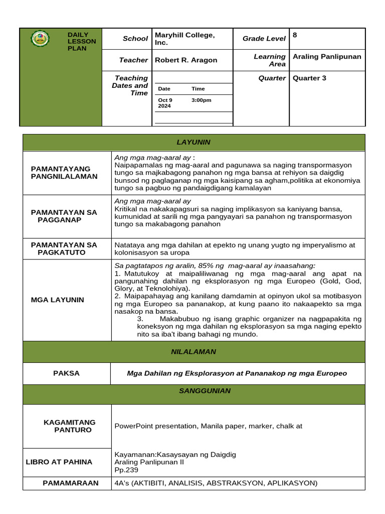 4as LESSON PLAN ARAGON 1 | PDF