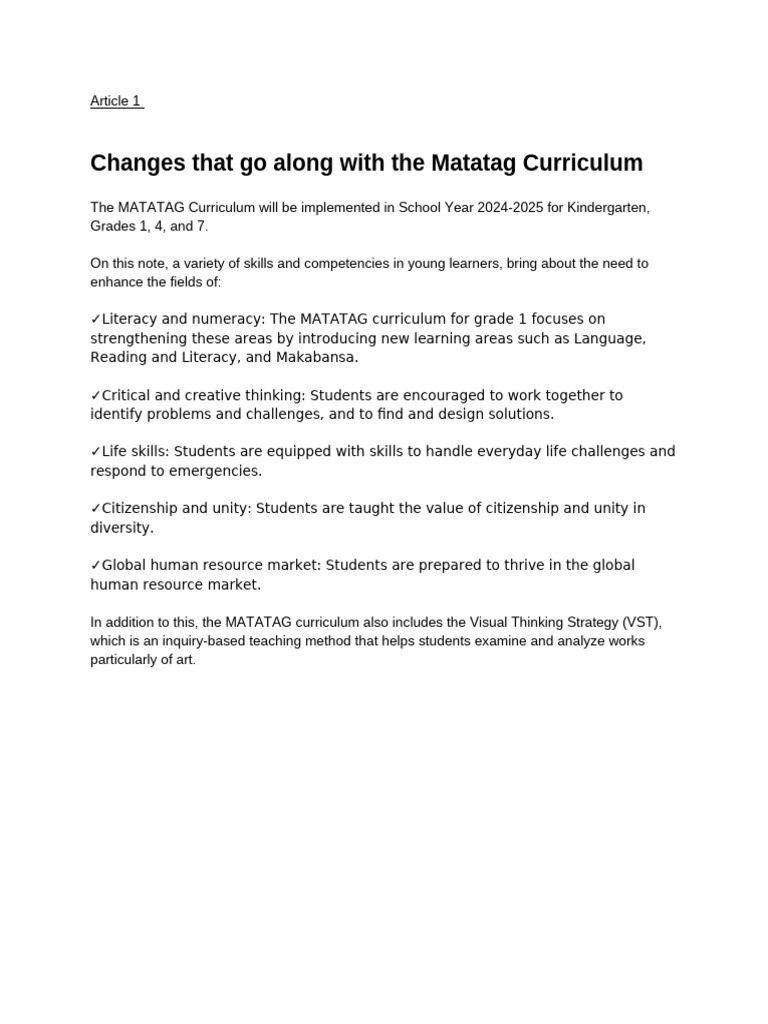 Matatag 1 Changes That Go Along With The Matatag Curriculum | PDF