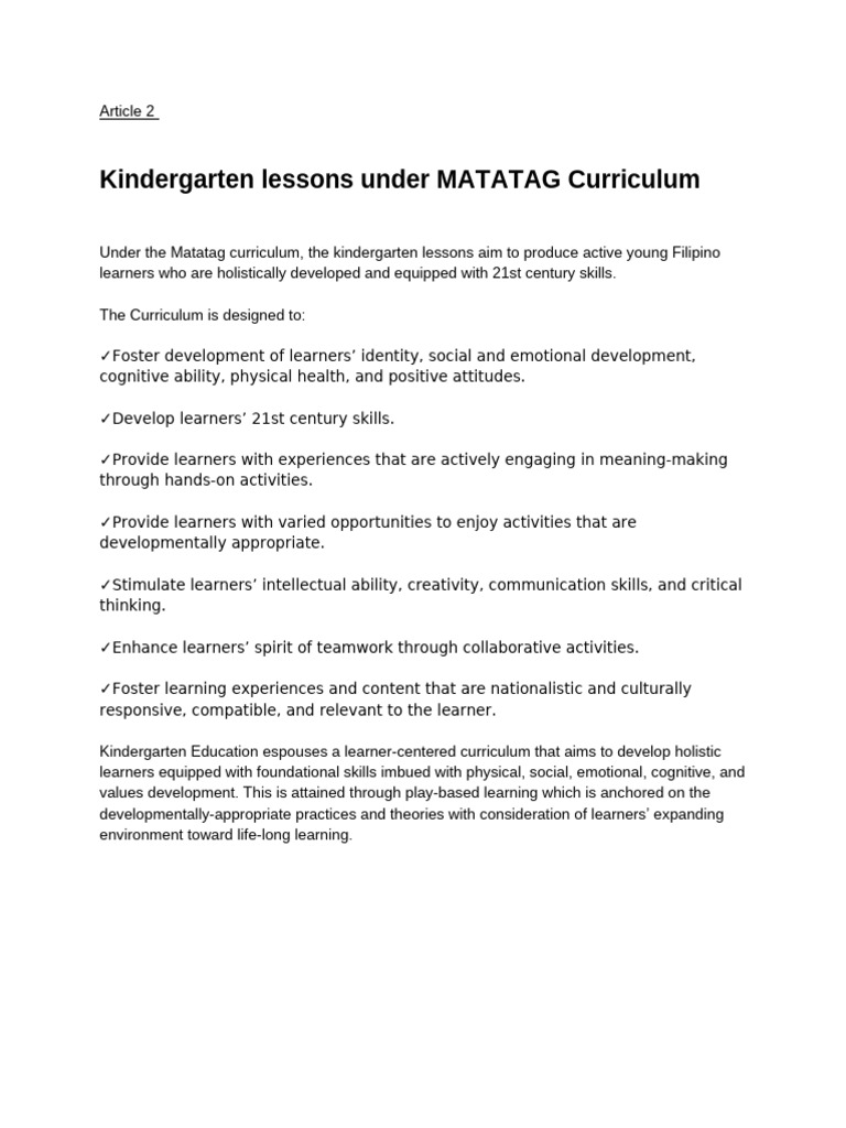 Kindergarten MATATAG Curriculum Overview | PDF