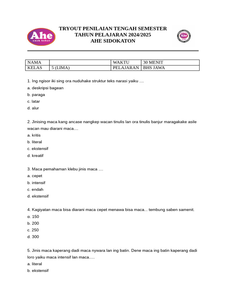 PTS B JAWA KELAS 5 | PDF