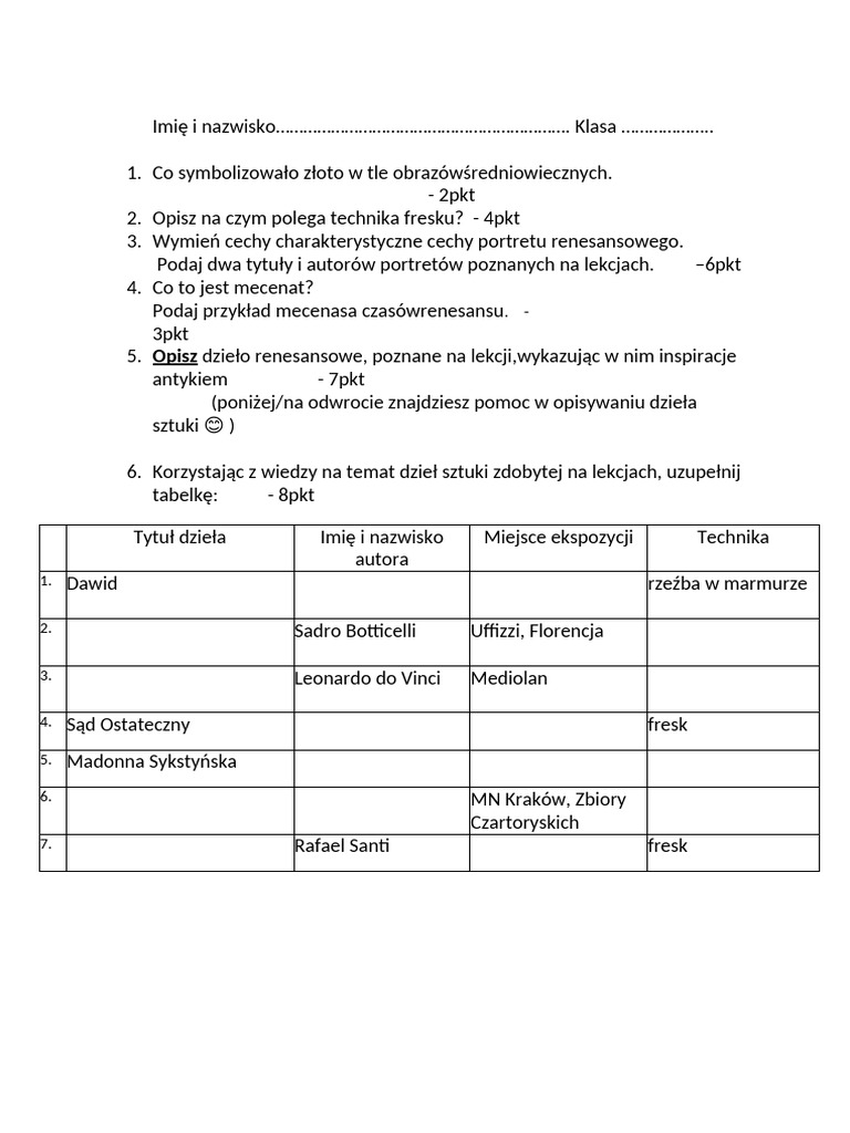 Karta Pracy Renesans | PDF