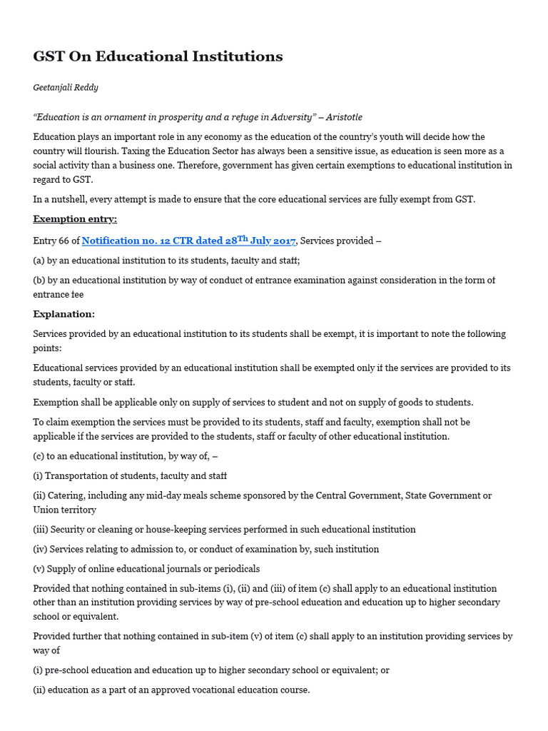 GST On Educational Institutions | PDF | Vocational Education | Taxes