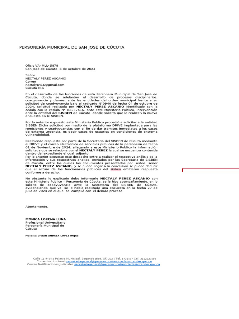 Coadyuvancia SISBEN Cúcuta: Caso Nectaly Pérez | PDF