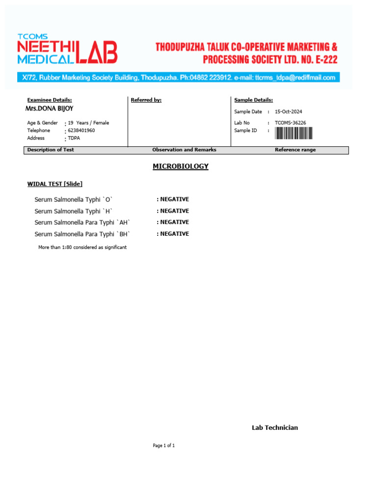 Widal Test Results for Dona Bijoy | PDF