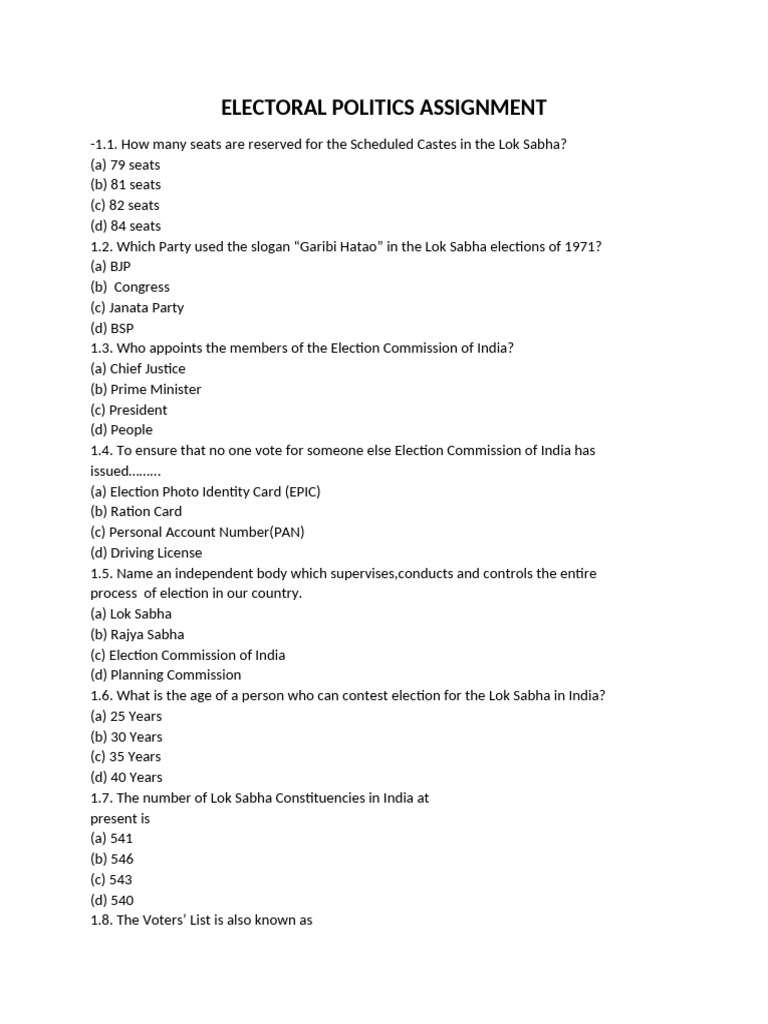 ELECTORAL POLITICS ASSIGNMENT | PDF | Elections | Voting