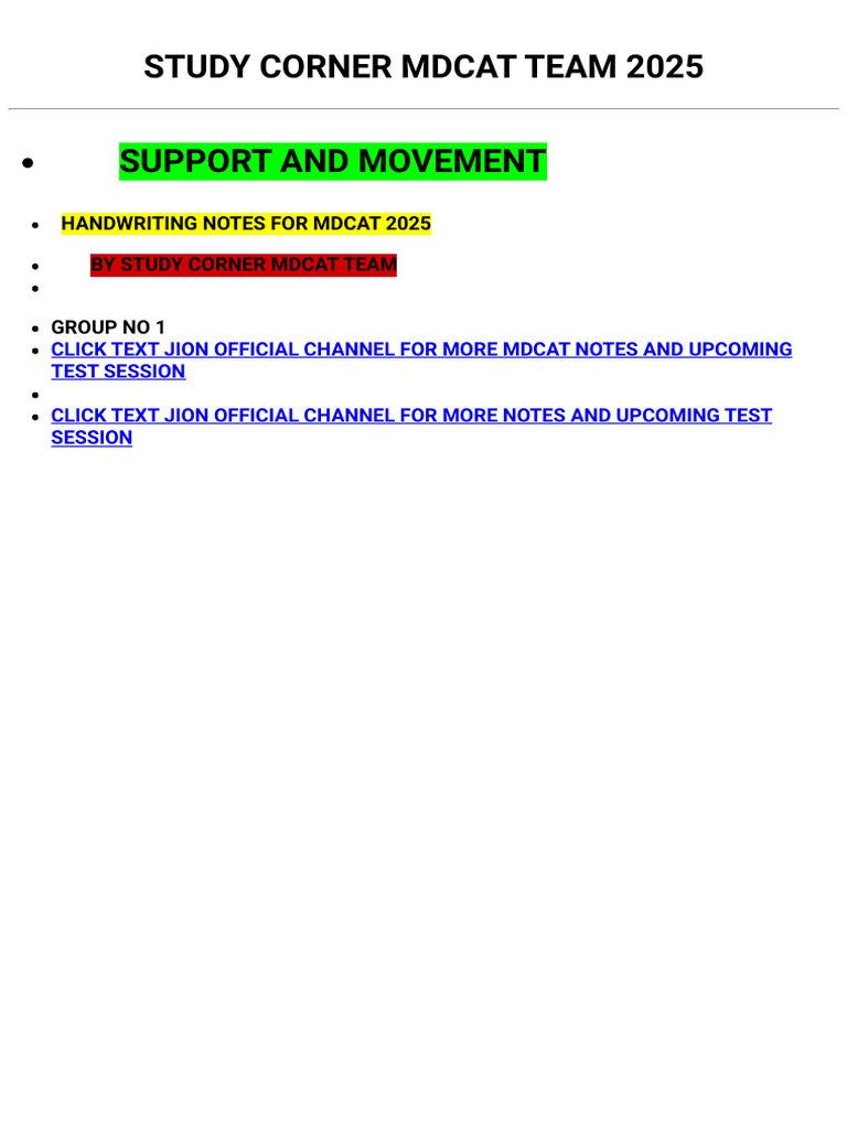 MDCAT 2025 Support & Movement Notes | PDF | Muscle Contraction | Bone