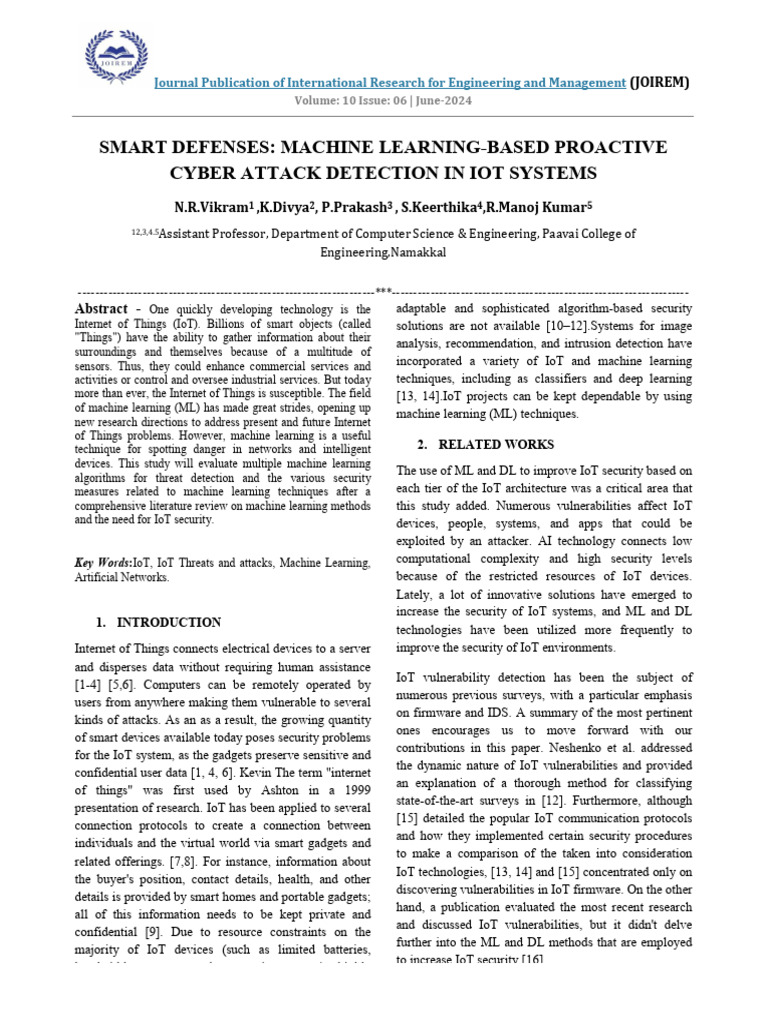 SMART DEFENSES: MACHINE LEARNING-BASED PROACTIVE CYBER ATTACK DETECTION IN IOT SYSTEMS | PDF ...
