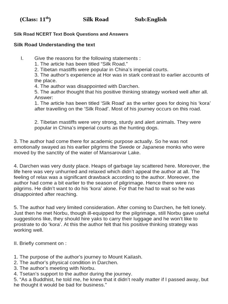 Silk Road Class 11th Reference | PDF