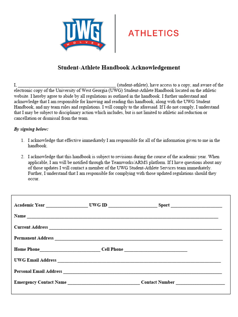 Student-Athlete Handbook Acknowledgement Form | PDF