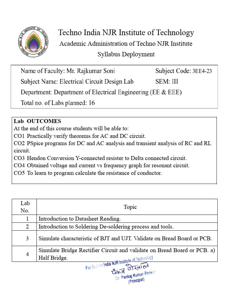Techno NJR Institute Lab Syllabus Overview | PDF | Electrical Network | Power Supply