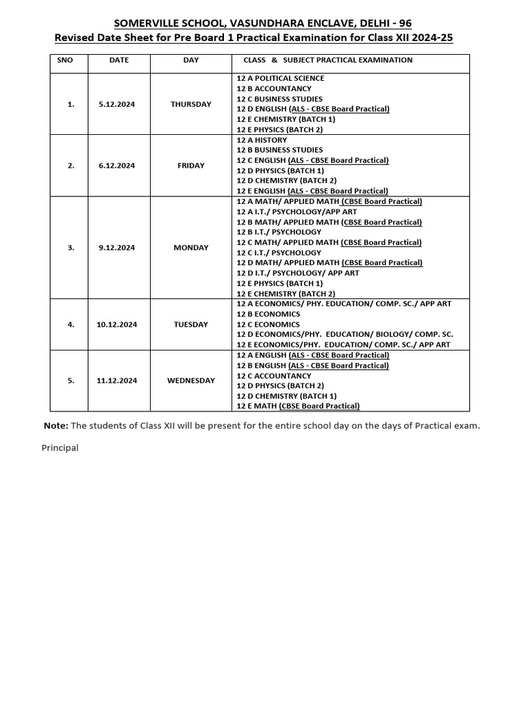 Revised Date Sheet for Pre Board 1 Practical Examination for Class XII 2024-25 | PDF ...