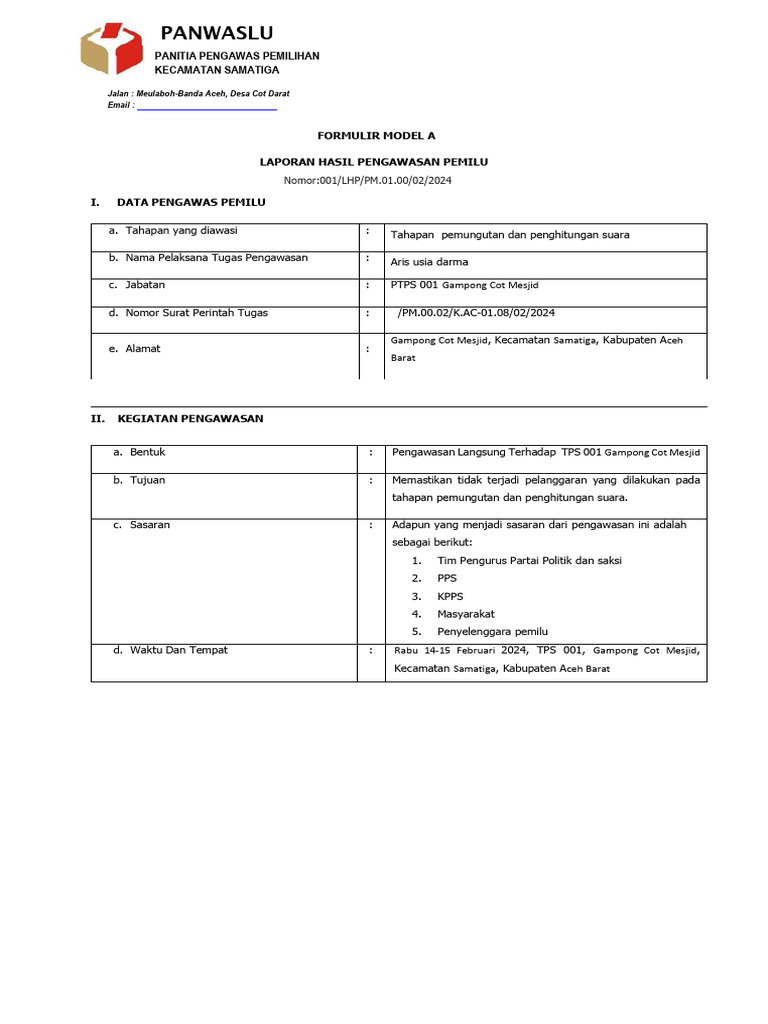 1. Formulir A Laporan Hasil Pengawasan Gampong Cot Mesjid 14 February | PDF 1. Formulir A Laporan Hasil Pengawasan Gampong Cot Mesjid 14 February | PDF