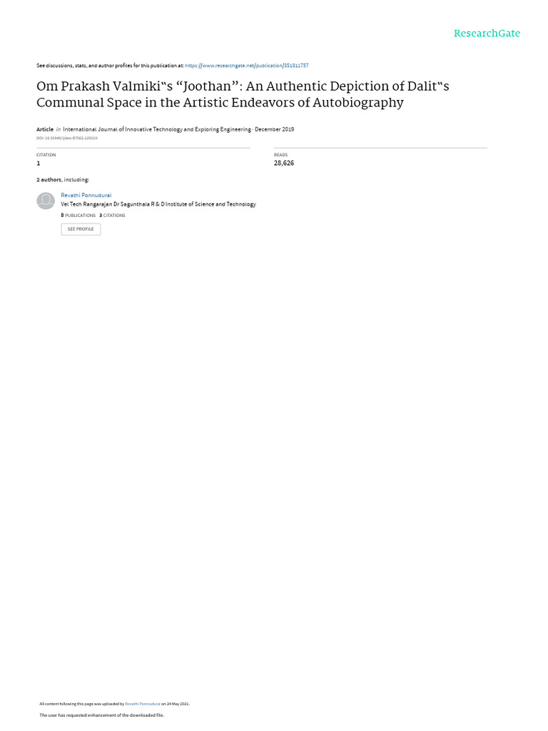 Om Prakash Valmiki S "Joothan" An Authentic Depiction of Dalit S | PDF ...