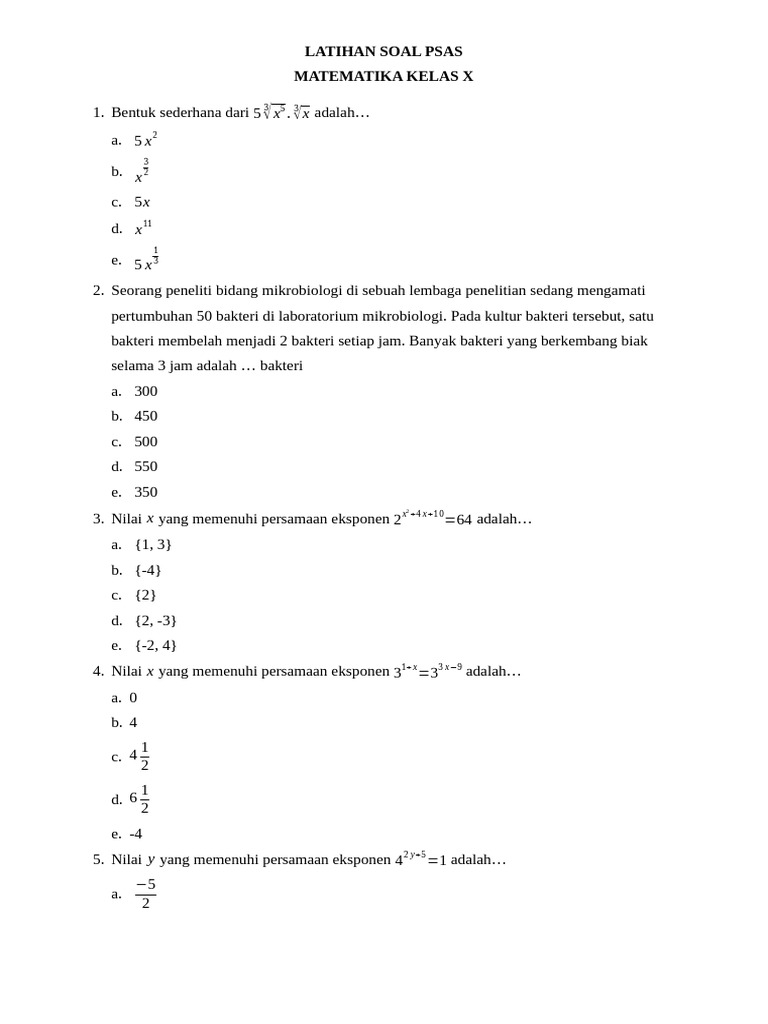 Latihan Soal Matematika PSAS Kelas X | PDF