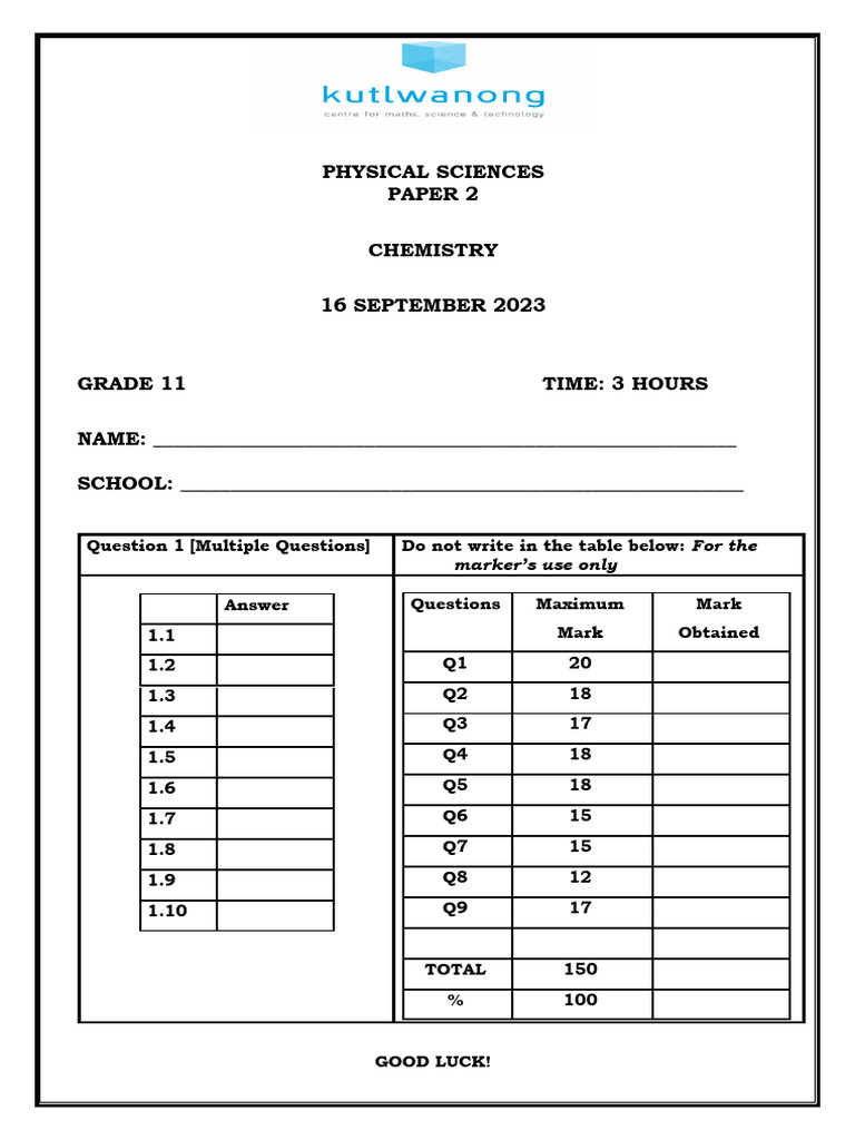 Grade 11 Physical Science Exam Paper 2 | PDF | Chemical Bond ...