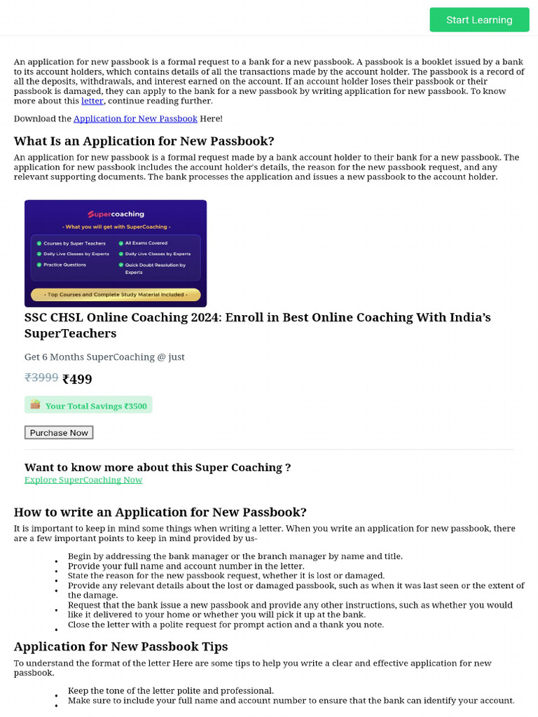 Application For New Passbook - Format, Template, PDF and More! | PDF