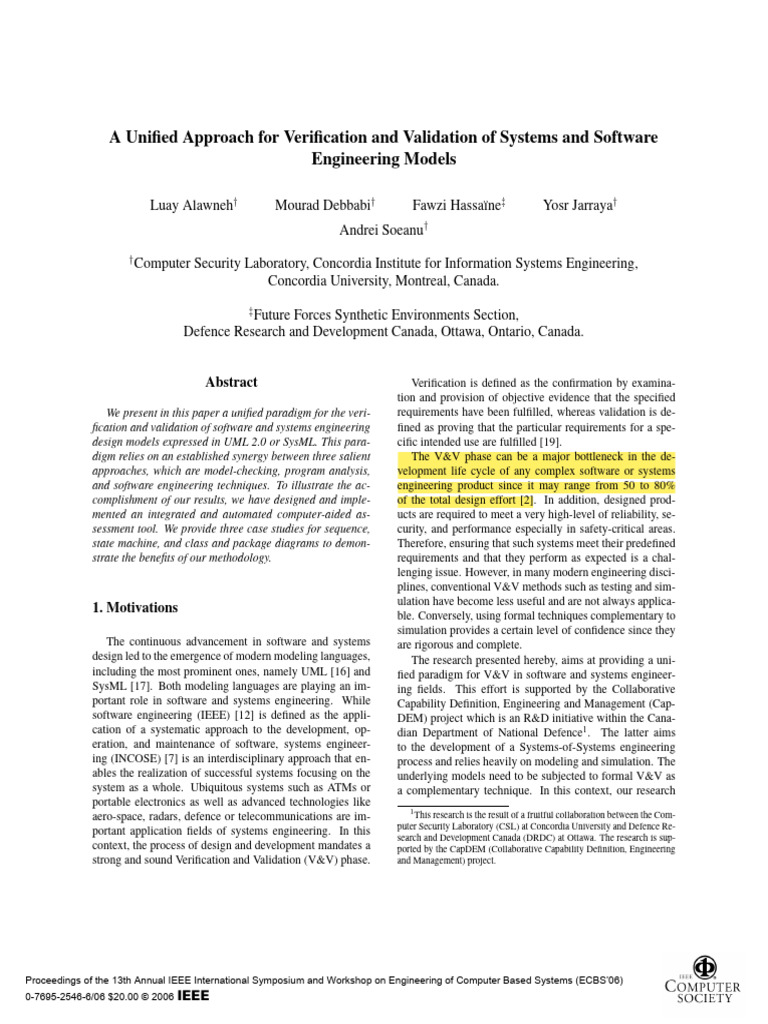 Unified V&V for Software Engineering Models | PDF | Formal Verification | Systems Engineering