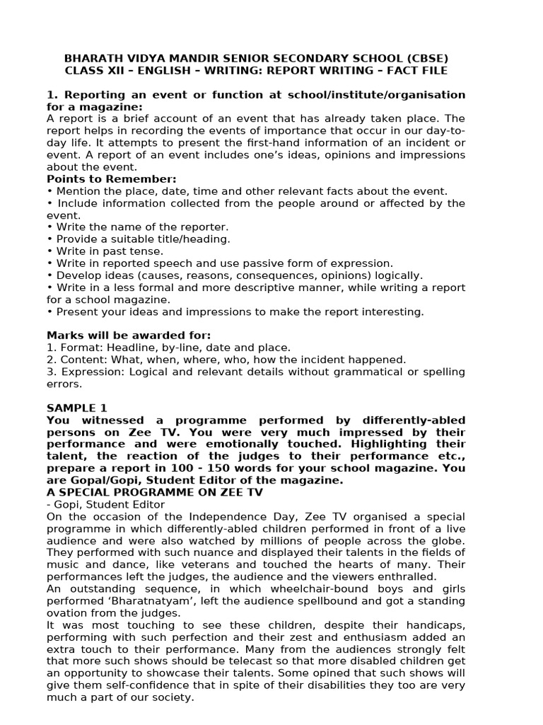 Class 12 - Writing - Report Writing - Factfile | PDF