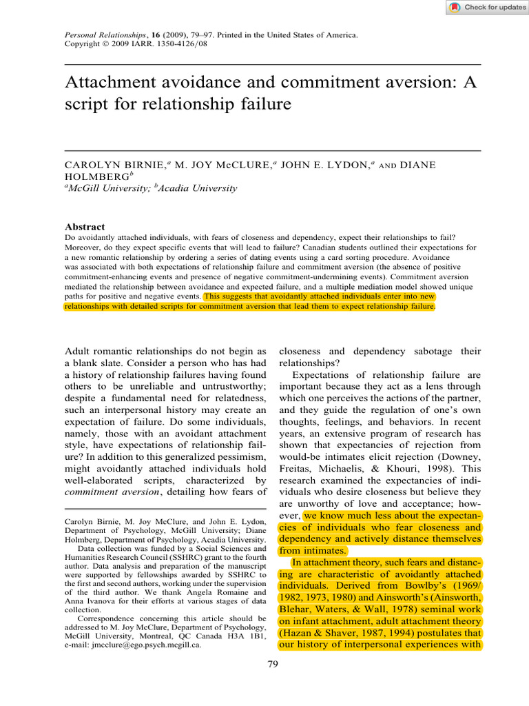 Personal Relationships - 2009 - BIRNIE - Attachment Avoidance and Commitment Aversion a Script ...