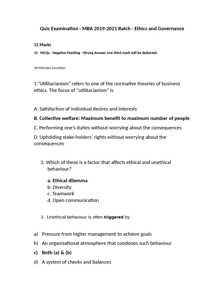 Becg Quiz Questions 1 | PDF | Utilitarianism