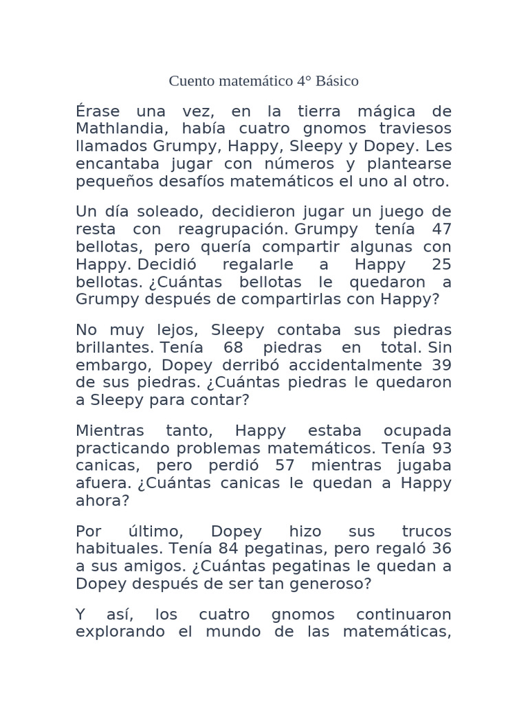 Cuento Matemático: Resta y Reagrupación | PDF