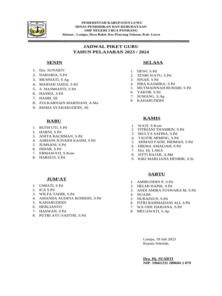 DAFTAR PIKET GURU 2023 | PDF