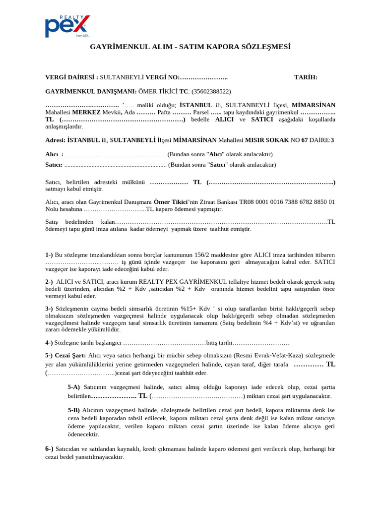 Alim Satim Kapora Sözleşmesi̇ | PDF