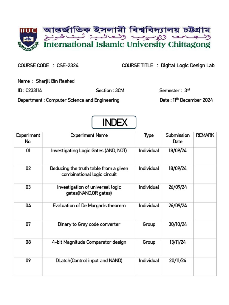Digital Logic Design Lab Experiments | PDF