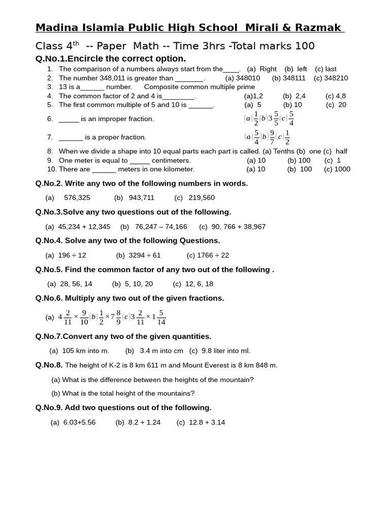 Dec 2024 Math 4th | PDF