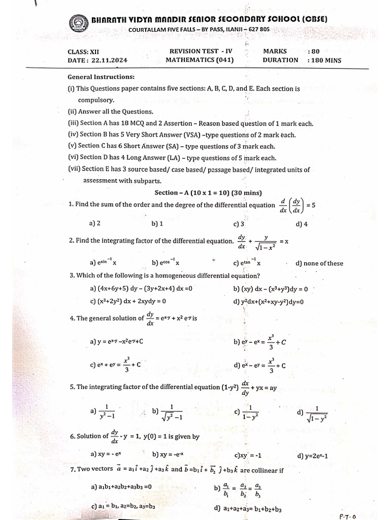 XII Maths RT4 Answerkey | PDF