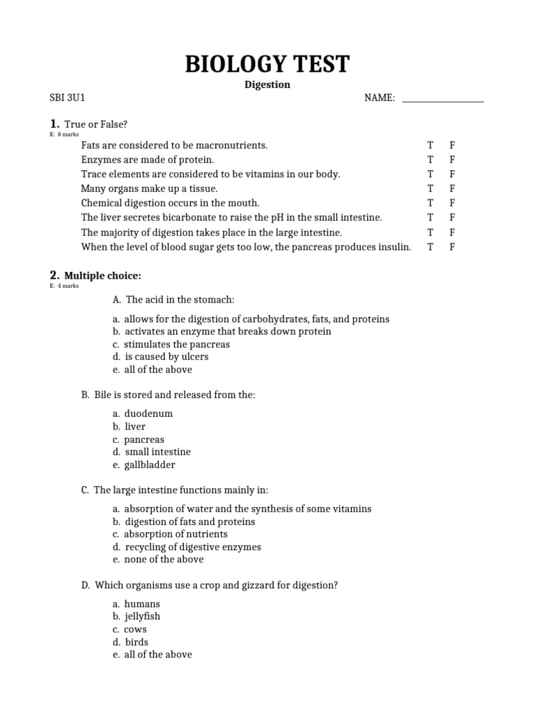 TEST - Digestion #1 | PDF | Digestion | Pancreas
