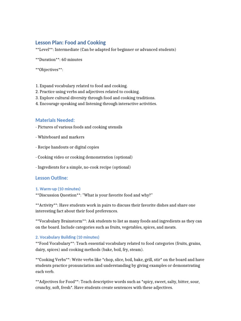 Food and Cooking Lesson Plan | PDF | Foods | Cooking