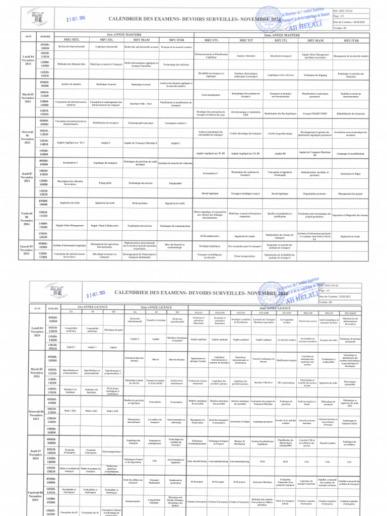 Calendrier Des Examens Des Devoirs Surveillés Novembre 2024 | PDF