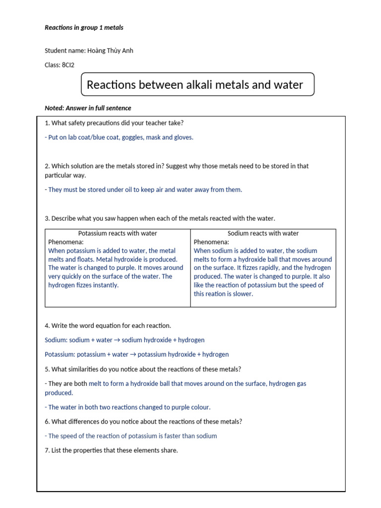 Reactions Between Alkali Metals and Water | PDF