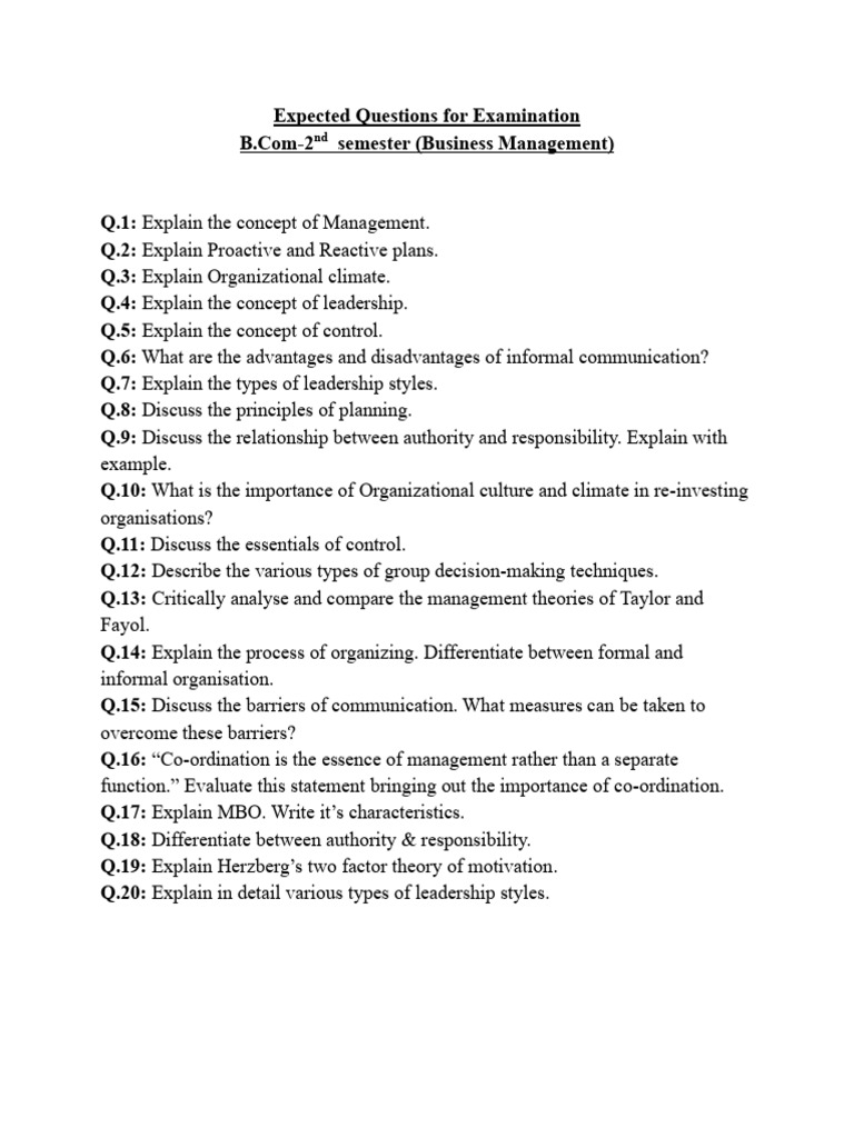 B.Com 2nd Sem Business Management Exam Qs | PDF