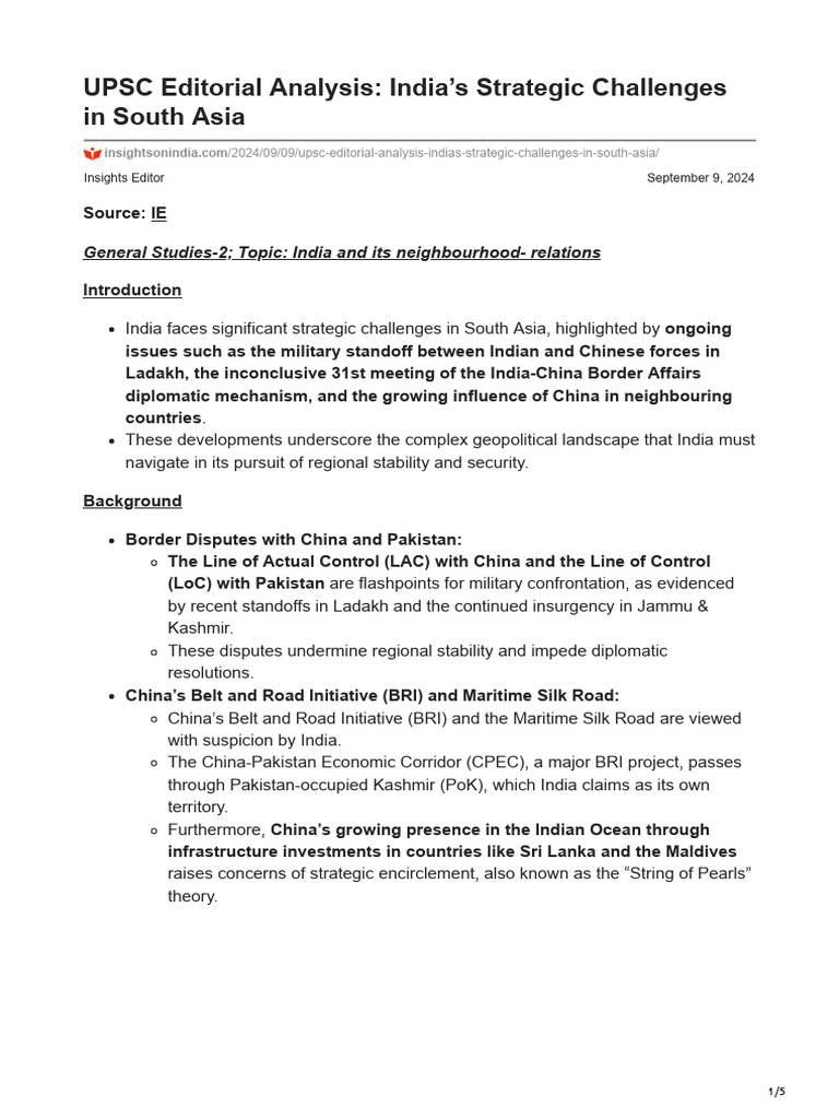 UPSC Editorial Analysis Indias Strategic Challenges in South Asia | PDF ...