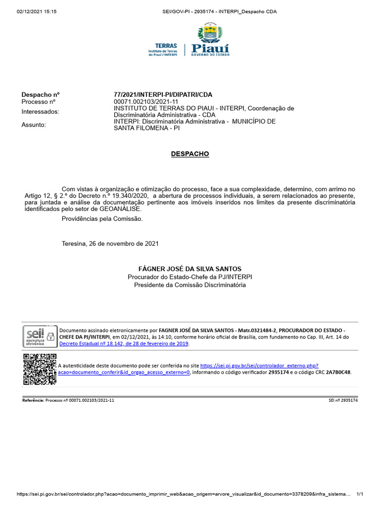 Despacho Cda N. 77 2021 para Abertura de Processo | PDF