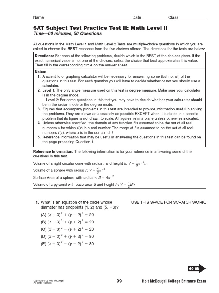 Sat Practice Test 2 - Math Level 2 | PDF | Sat | Area