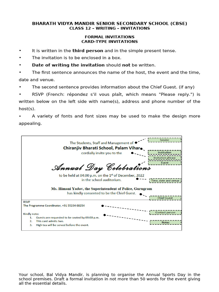 Class 12 - Writing - Formal Invitation Card Type - Factfile | PDF