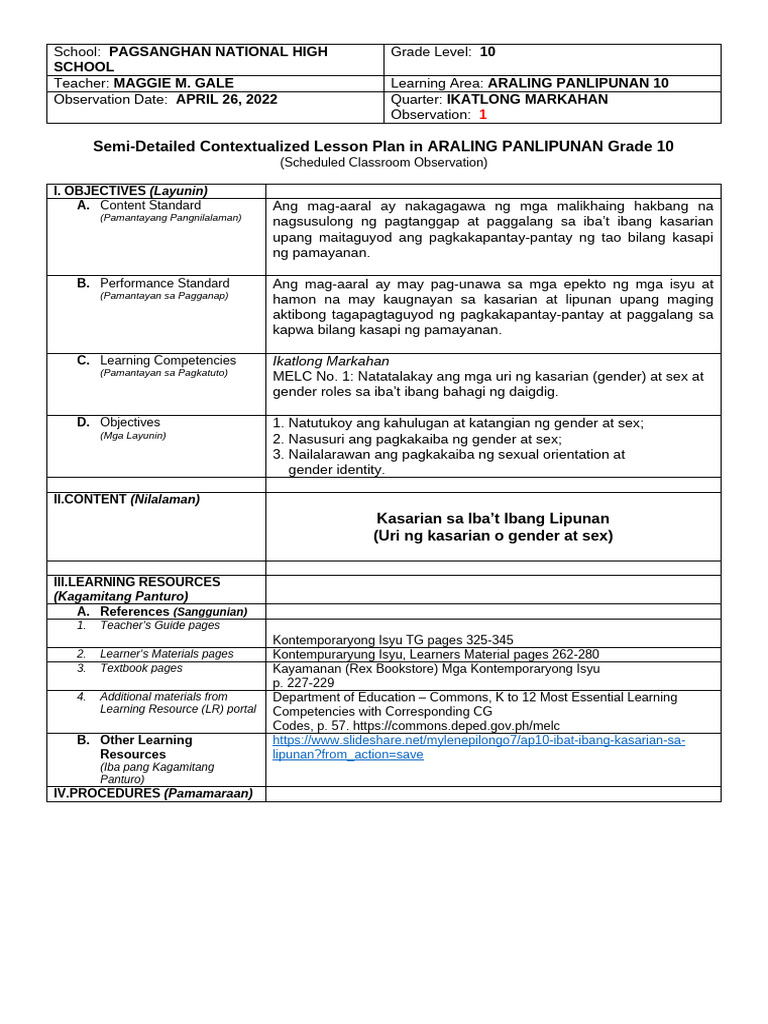 Semi Detailed Lesson Plan in AP 10 COT RPMS PPST 2020 2021 | PDF