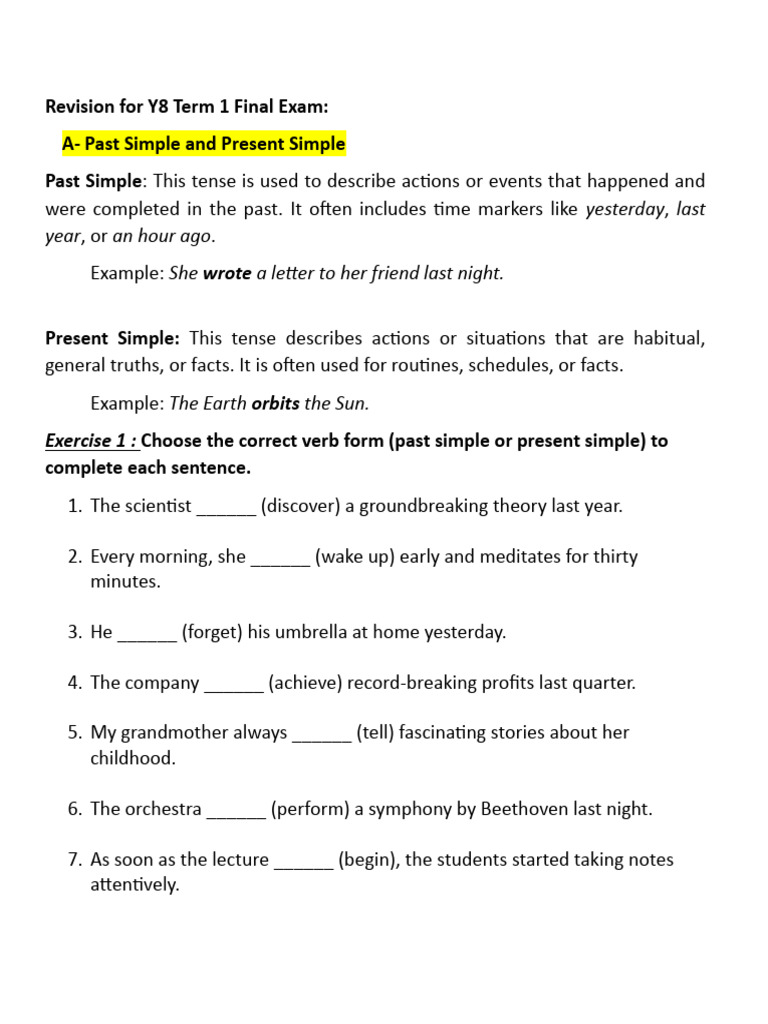 Grammar Revision For Y8 Term 1 Final Exam | PDF | Linguistics | Grammar