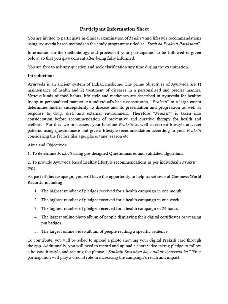 Participant Information Sheet | PDF | Ayurveda | Health Care